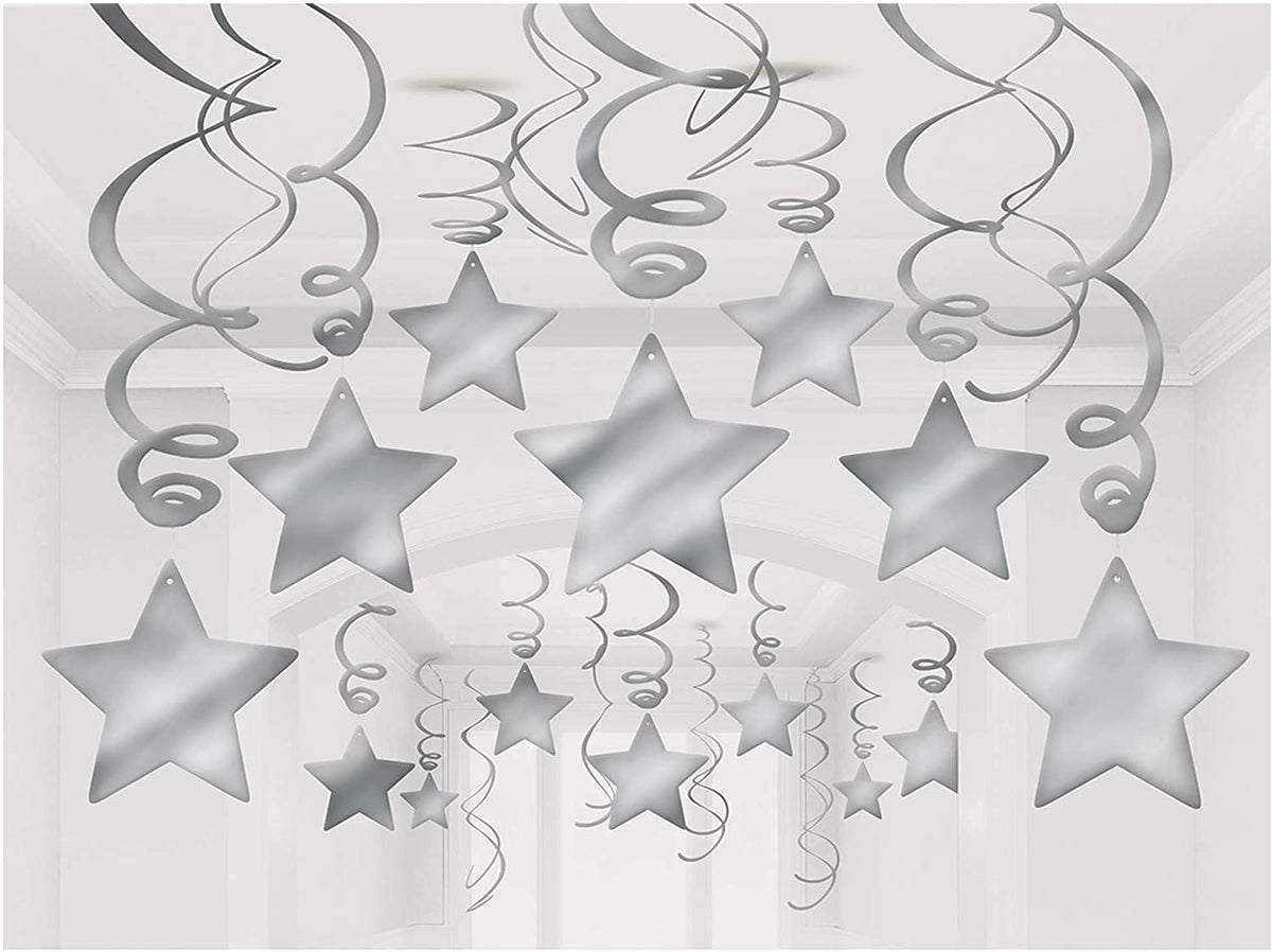 Silver Stars and Swirls Ceiling Decorations – Midlands Fancy Dress Redditch